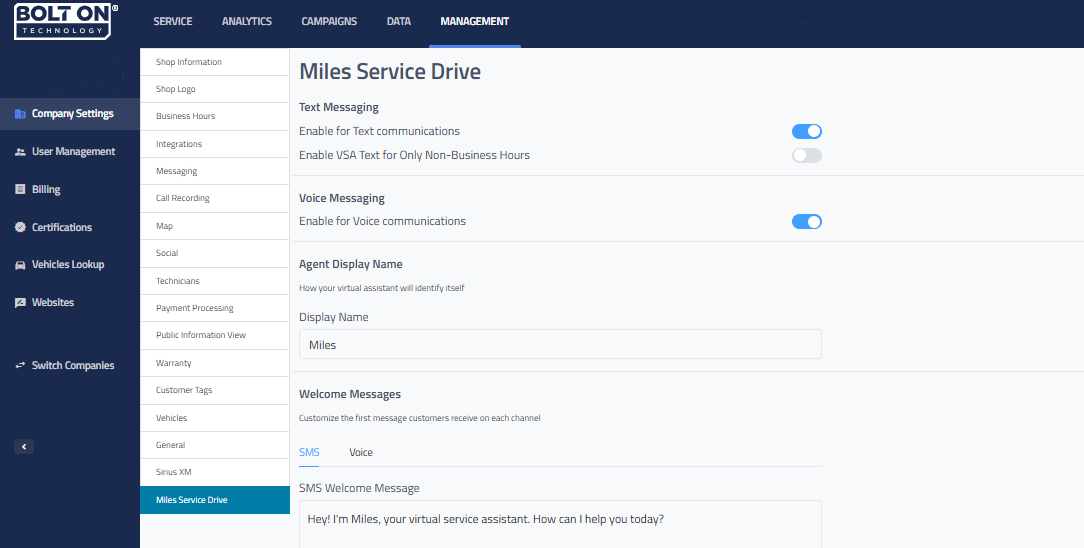 Enabling the Miles Virtual Service Advisor